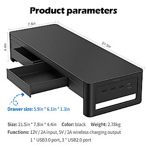 meatanty 2 in 1 Monitor Stand Riser with 2 Storage Drawers and 4 USB Ports, Metal Computer Monitor Stand Supports Transfer Data and Charging, Desk Organizer for PC,Laptop,iMac (21 inches)