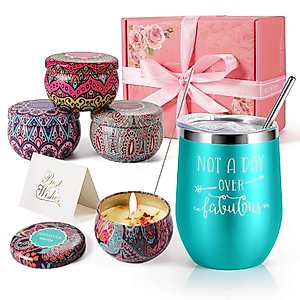 Christmas Gifts for Women - Insulated Wine Tumbler and Candles Gift Set 4 Pack Gifts for Women Mom Sister Friends Female - Stainless Steel Wine Tumbler with Lid - Funny Wine Tumblers for Women