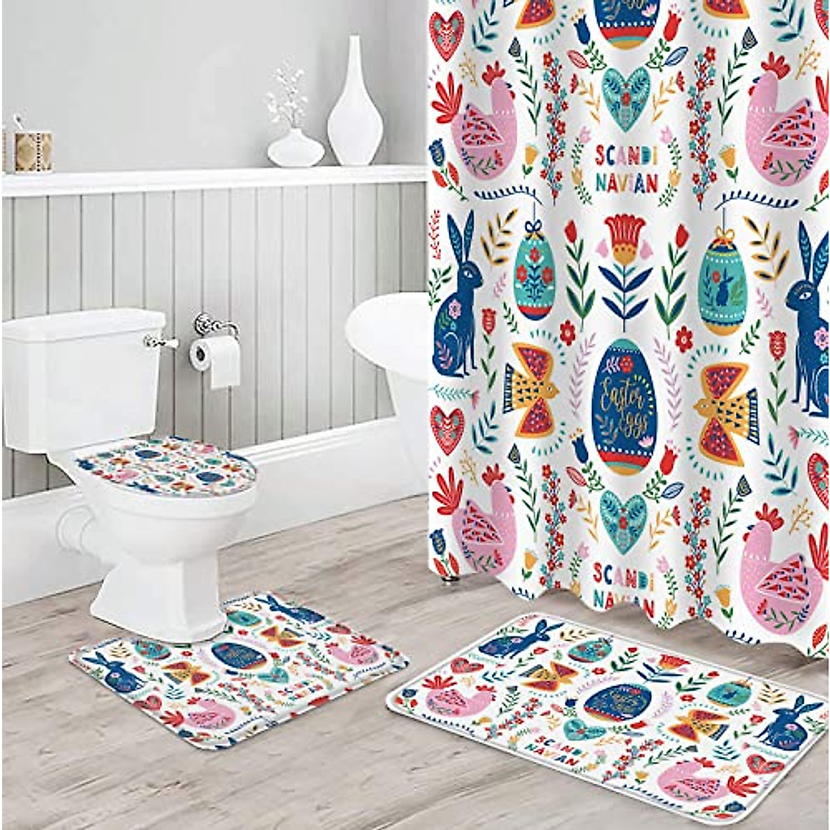 Housein 4 PCS Boho Shower Curtain Set 36 x 72 inch, Bathroom Set Accessory Toiled Set Cover and Absorbent Non Skid Floor Mat with Abstract Shower Curtain with 12 Hooks for Bathroom