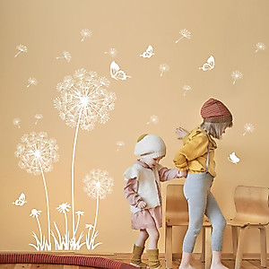 Supzone Dandelion Wall Stickers Flower Wall Decals Butterflies Flying Wall Decors Art Stickers for Bedroom Living Room Sofa Backdrop TV Wall Decor (White Dandelion)