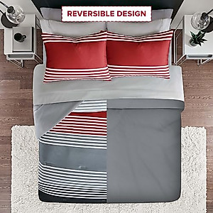 Comfort Spaces Twin XL Comforter Sets with Sheets - Bed in a Bag 6 Pieces Teen Bedding Sets Twin XL, Red and Grey Stripes Bedding Twin XL, College Twin XL Bed Set with 2 Side Pockets Bedroom Organizer