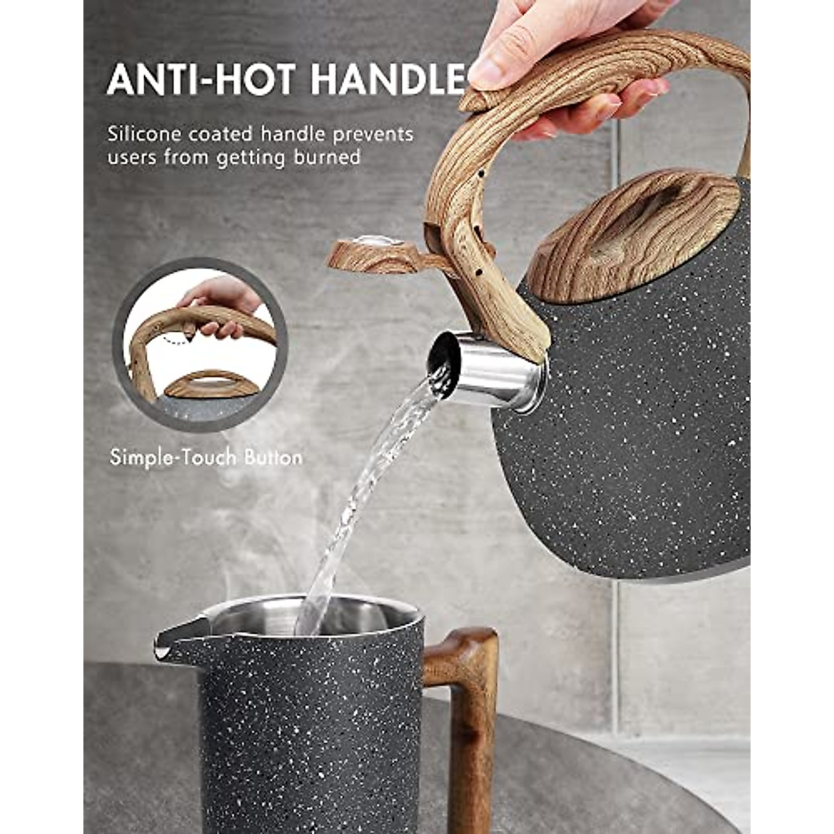 POLIVIAR Tea Kettle, 2.7 Quart Natural Stone Finish with Wood Pattern Handle Loud Whistle Food Grade Stainless Steel Teapot, Anti-Hot Handle and Anti-Rust, Suitable for All Heat Sources (JX2018-GR20)