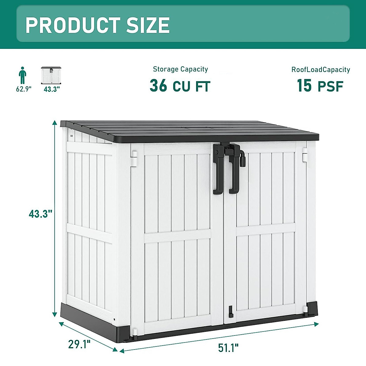 NUNU LAB Outdoor Storage Shed 36 Cu. Ft.Horizontal Garden Storage Extra Large Capacity Weather Resistant Storage Box, Lockable Resin Waterproof Shed for Easy Storage of Garbage Cans, Tools, Lawn Mower
