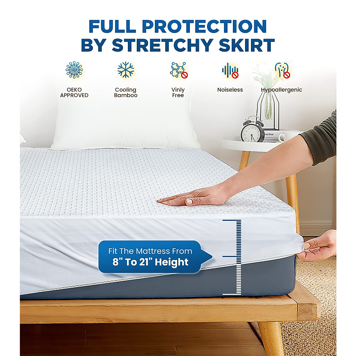 Premium 100% Waterproof Full Mattress Protector Breathable Cooling 3D Air Fabric Mattress Cover Smooth Soft Hypoallergenic Noiseless Bed Cover Machine Washable Vinyl Free 8-21'' Deep Pocket
