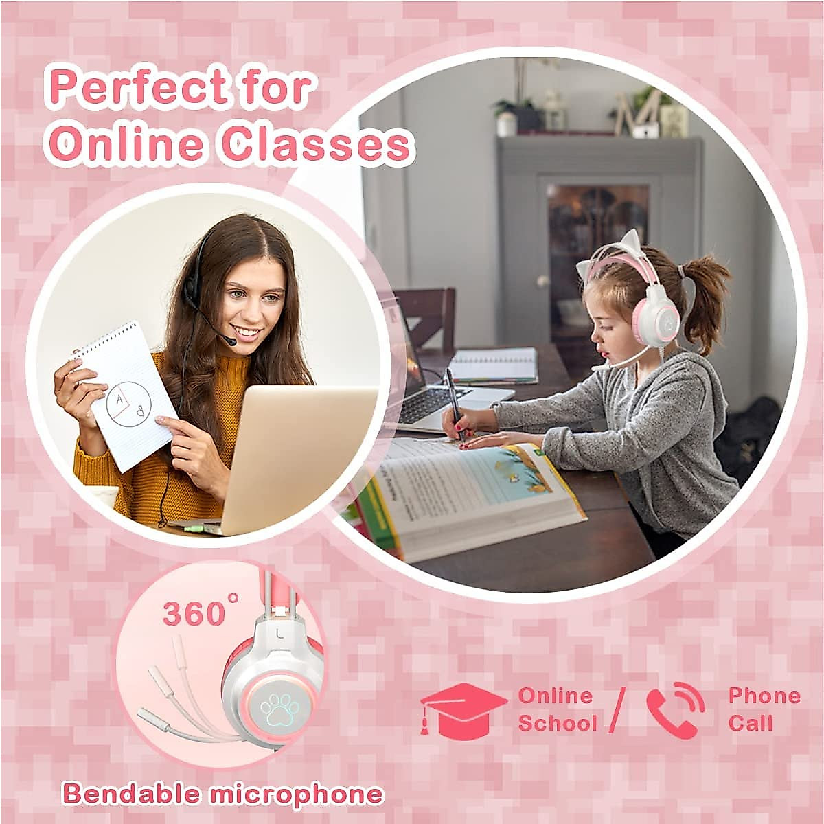 Gaming Headset with Removable Cat Ears, 3.5mm Wired Headphones with Adjustable Microphone, Extendable Padded headband, Noise Cancelling and RGB Light Headphones for Xbox/PS4/Switch/Mac/Phone (Green)