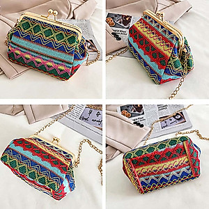 Ruzida Women Diagonal bag Straw Weave Handbag Purse Mini Kiss Lock Bag Ethnic Style Chain Crossbodies Bag Summer Outdoor Bags