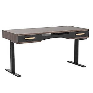 FEZIBO 55" x 26" Mid-Century Modern Electric Standing Desk with 2 Drawers & 1 Keyboard Tray, Whole-Piece Stand Up Home Office Desks, Vintage Top/Black Frame (2 Packages)