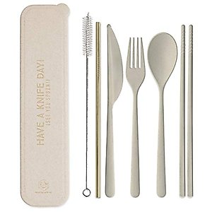 Designworks Ink Reusable Cutlery Set Utensils for Lunch Box, 7-Piece, Forest Green - Eco Maniac Plastic Flatware with Forks, Spoon, Knife, Chopsticks, Metal Straw in Portable Travel Case