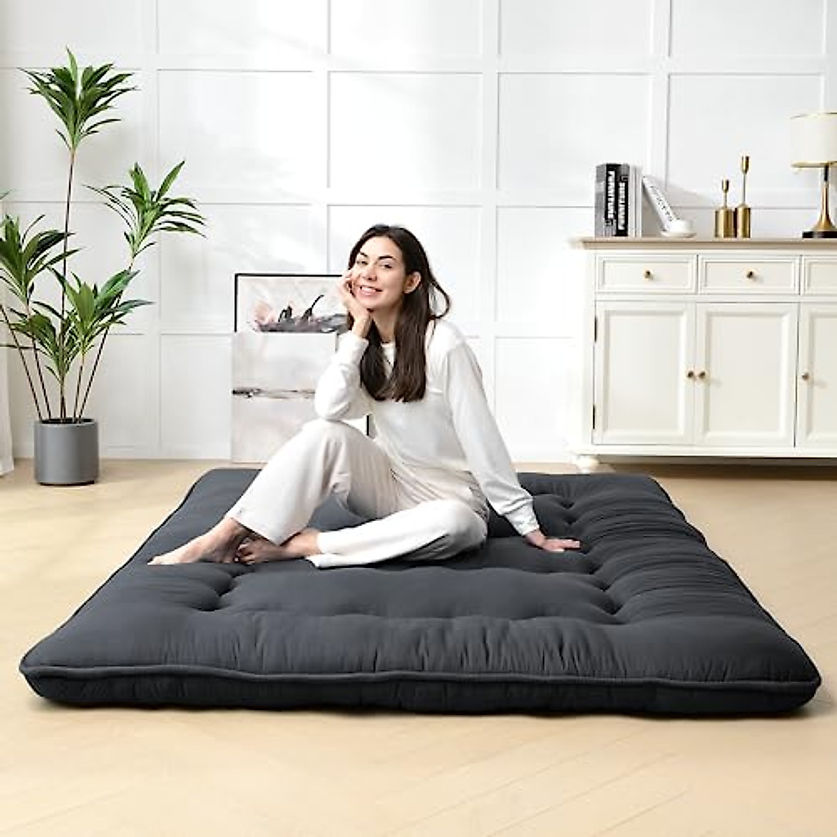 Natsukage Futon Mattress Tatami Mat Folding Mattress Camping Mattress Kids Play Mat Thicken Sleeping Mattress for Floor Folding Mattress, Full Size, Black