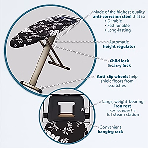 Bartnelli Pro Luxury Ironing Board - Extra Wide 51x19” with Heavy Duty Steam Iron Rest, and Wheels for Easy Storage, Adjustable Height, T-Leg, Foldable, European Made