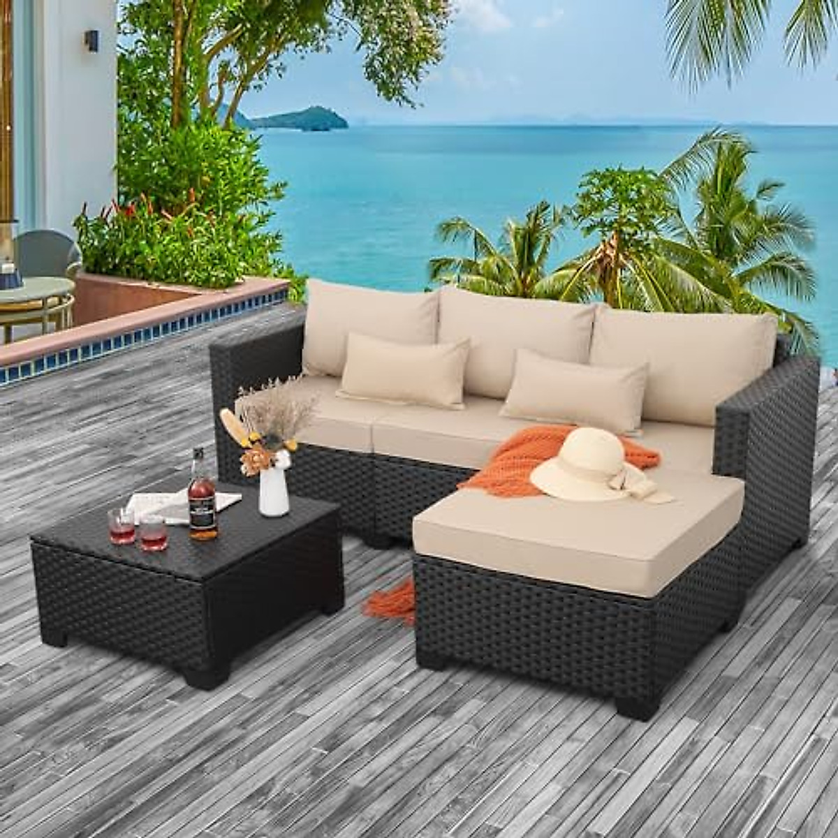 Rattaner Outdoor Furniture Set 3 Pieces Wicker Patio Furniture Outdoor Sectional Patio Couch Outdoor Coffee Table with Storage All-Weather No-Slip Cushions Waterproof Covers, Khaki