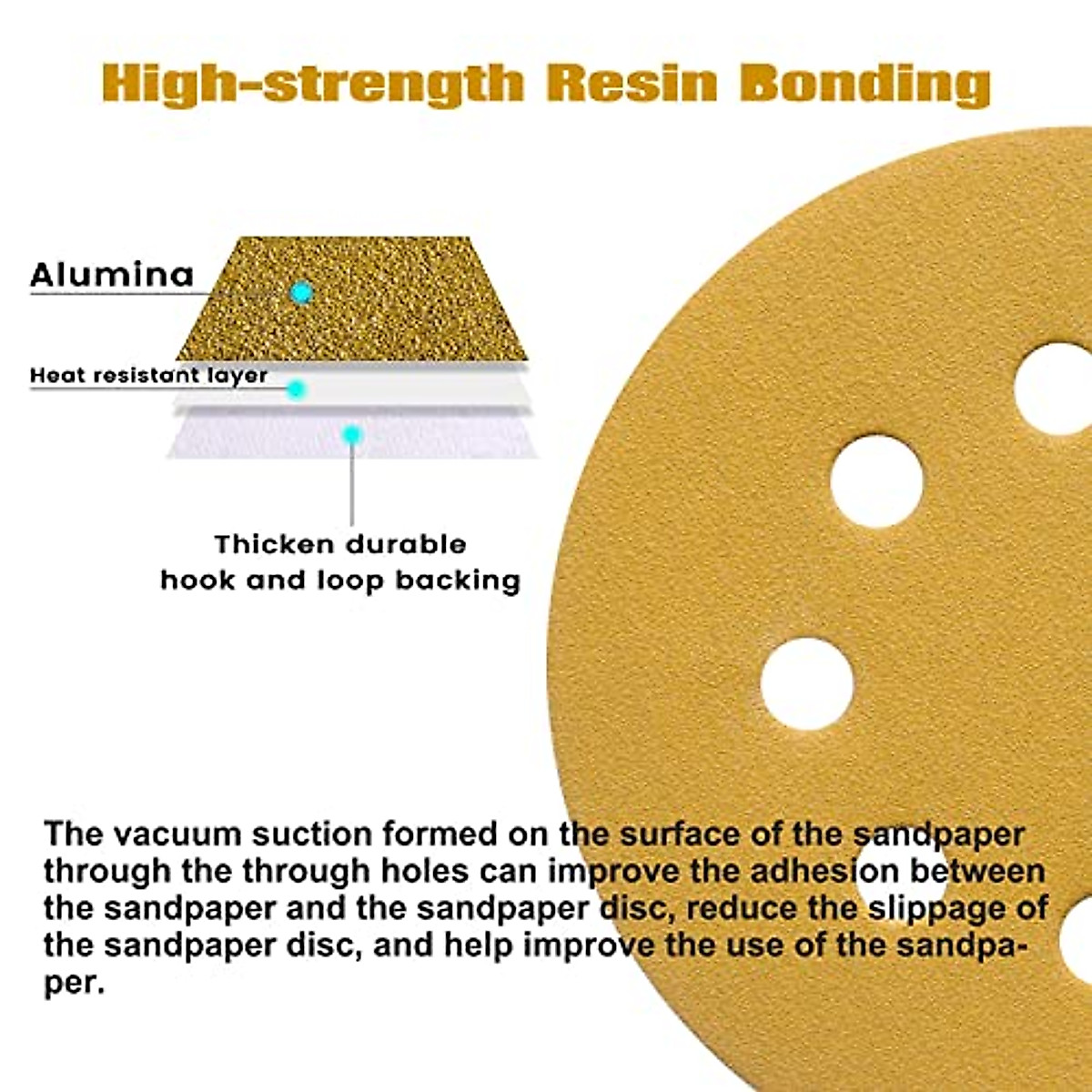 POTUINOM 100PCS 5 Inch 8 Hole Sanding Discs 80 Grit,Gold Round Hook and Loop Sandpaper for Random Orbital Sander