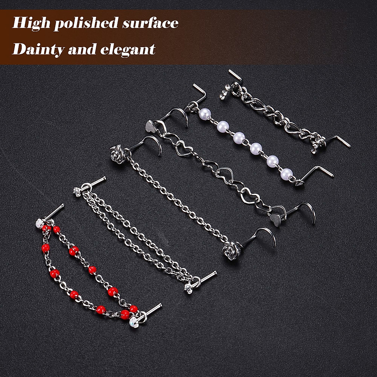TEN MIRO Nose Chain Piercing Across Nose Surgical Steel Nostril Piercing Jewelry CZ L Shaped Nose Studs and Heart Chain 20g Nose Chain Piercing for Women(3.8MM)