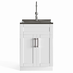 SIMPLIHOME Hennessy Contemporary 24 Inch Deluxe Laundry Cabinet with Faucet and Stainless Steel Sink in Pure White, For the Laundry Room and Utility Room