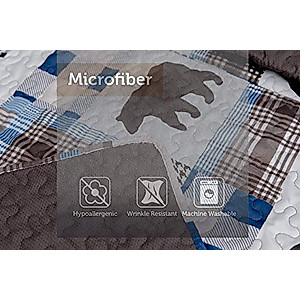 Rustic Modern Farmhouse Cabin Lodge Quilted Couch Sofa Loveseat Armchair Chair Recliner with Patchwork of Grizzly Bears and Buffalo Plaid Check Houndstooth Patterns Beige Blue - Western 2 (Chair)