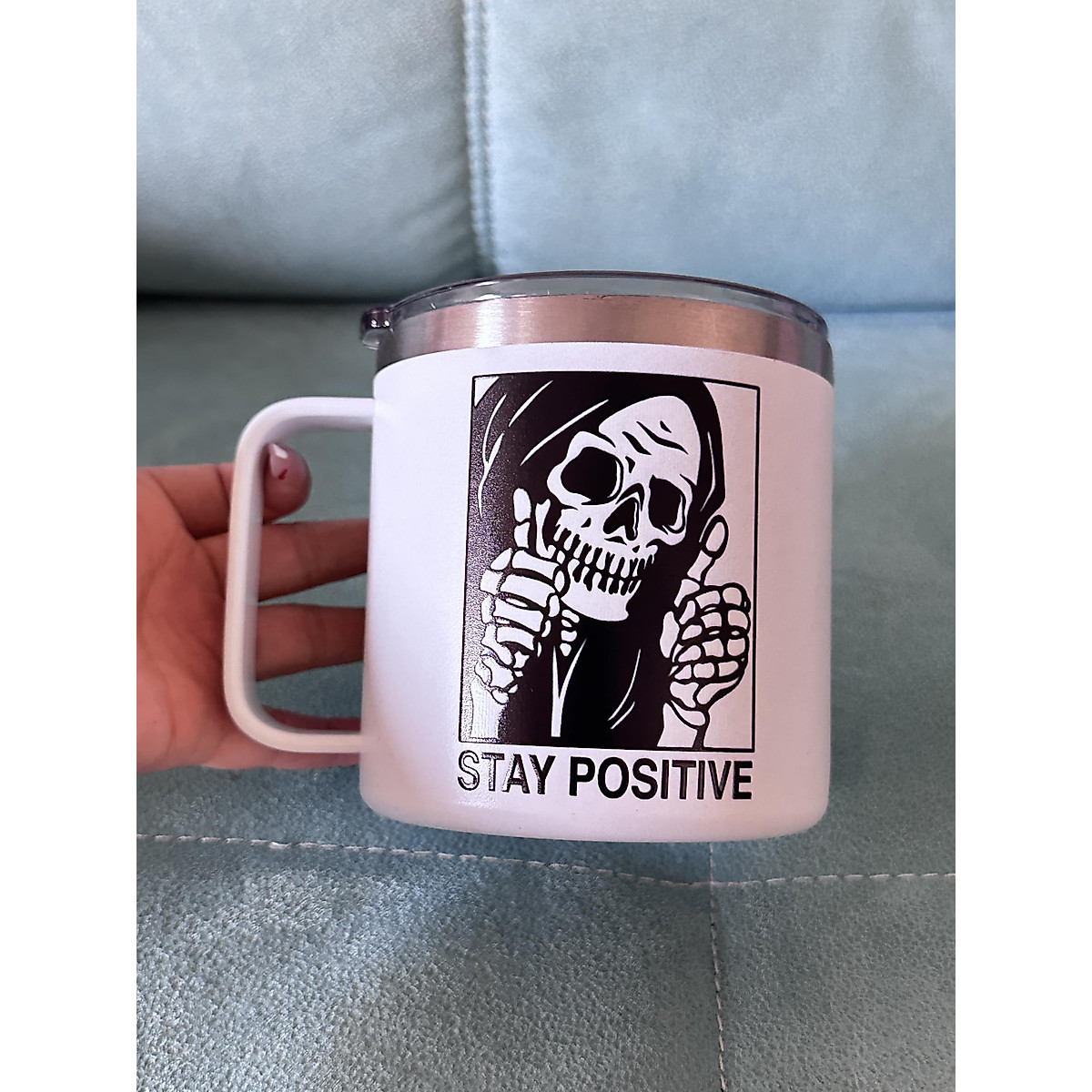 EXIGENT Funny Stay Positive Skull Coffee Tea Cup Mug Collectible 14Oz Ounces Birthday Gifts Decorations (SKULL)