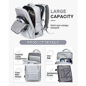 Carry On Backpack for Women, Airline Approved Personal Item Large Travel Backpack Flight Approved, Waterproof Laptop Bag Business Work Gym Backpacks Men Grey Mochila De Viaje