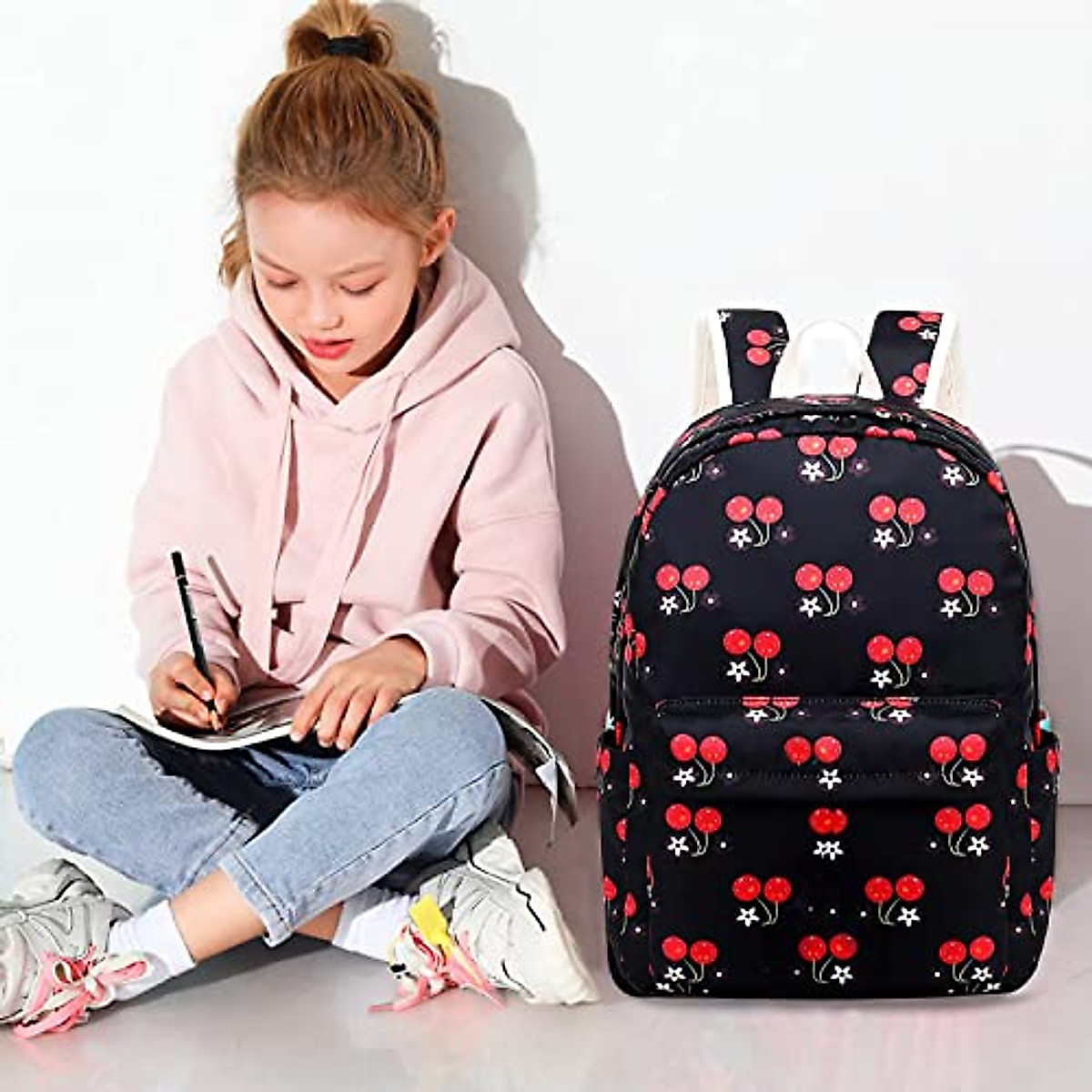 Joyfulife Backpack for Girls School Bags Kids Bookbags Teen Girls Backpacks with Lunch Box Pencil Bags Travel Daypack (Cherry Black)