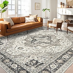 Roxstand Washable Rugs 8x10 Area Rugs for Living Room, Bedroom, Office, Ultra-Thin Anti Slip Backing Rug, Super-Soft Vintage Large Area Rug, Home Decor Farmhouse Rugs (Grey/Ivory, 8'x10')