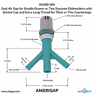 Dual Air Gap for Double Drawer or Two Separate Dishwashers with Skirted Cap and Extra Long Thread for Thick or Thin Countertops (AG200-004, AG200-001, T52, AMERIGAP)