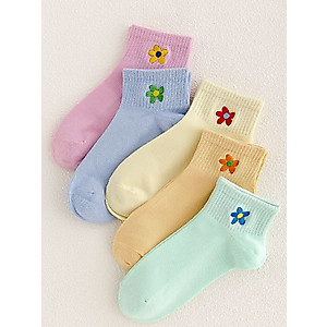 Verdusa Women's 5 Pairs Flower Embroidery Toe seamed Soft Crew Socks one-size