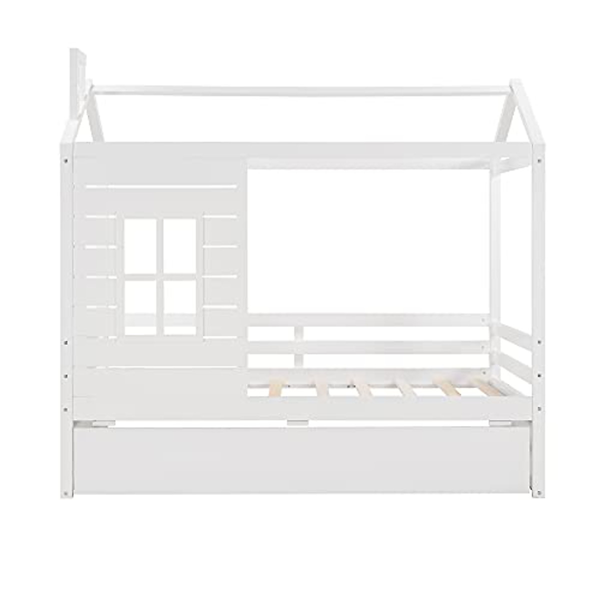 Merax Twin Size House Bed for Kids Wood House Bed Frame with Trundle and Window Storage Bed Frame for Kids Teens Adults
