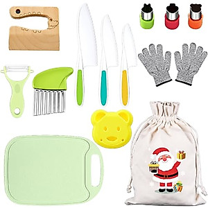 Tellshun 14 Pieces Wooden Kids Kitchen Knife Set with Gloves Cutting Board Fruit Vegetable Crinkle Cutters Serrated Edges Plastic Toddler Knifes for Real Cooking Kid Safe Knives