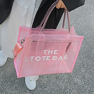 UMRFNO Clear Tote Bags for Women PVC Transparent Mesh Tote Bag With Zipper Fashion Purse Tote Bag Shoulder Handbags (Light Pink)