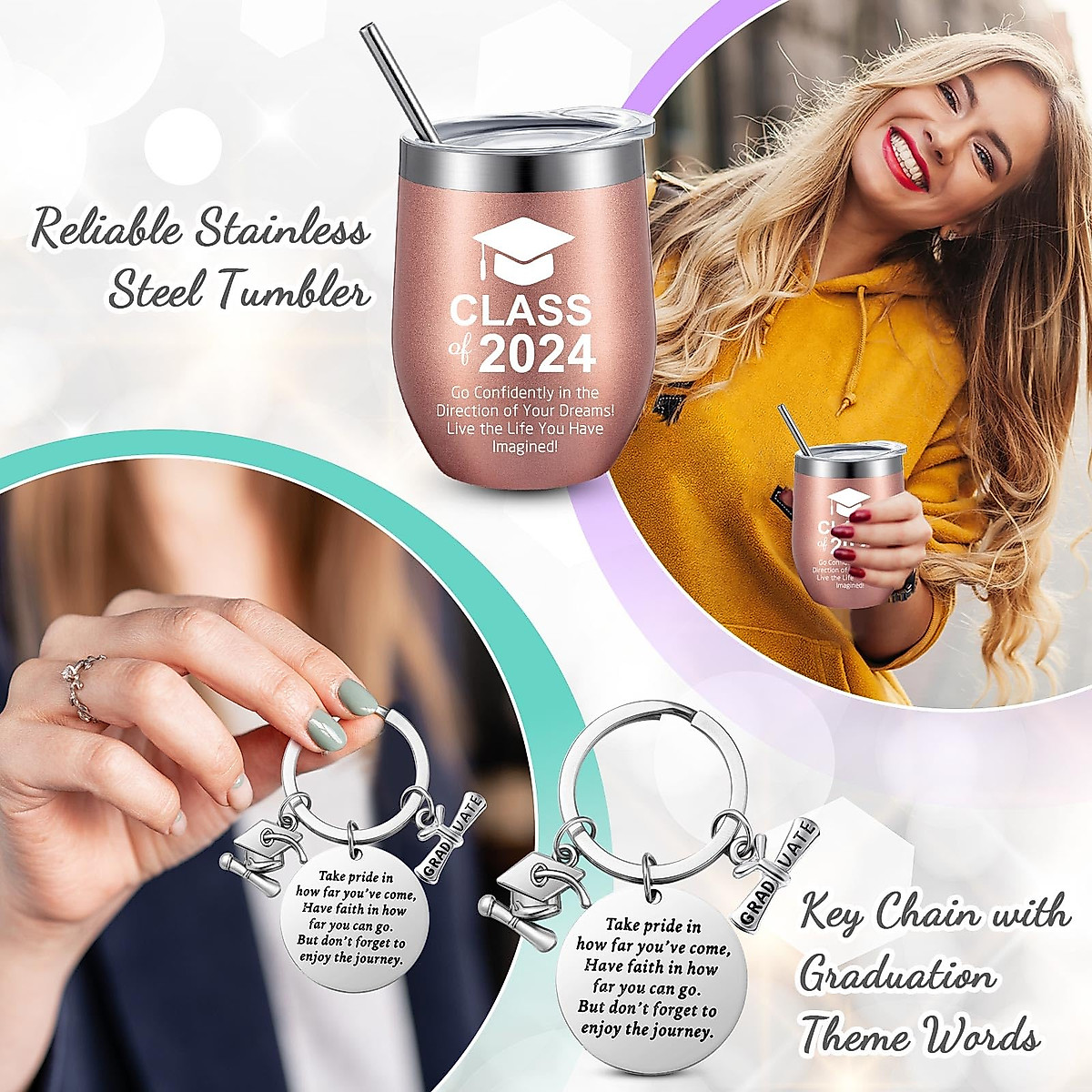 Patelai Class of 2024 Gifts for Graduates 2024, Ideal Graduation Gifts for Her Him High School College Graduation Daughter Friends Graduation 12oz Wine Tumbler, Keychain, Bag (Rose Gold,3 Pcs)