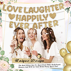 Breling Pre Strung Love Laughter Happily Ever After Banner Glitter Bridal Shower Decorations Bachelorette Party Decor for Love Married Wedding Shower Engagement Party Banner(Champagne Gold)