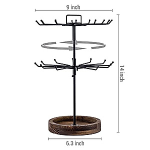 MyGift 2 Tier Black Metal Rotating Necklace and Bracelet Organizer Jewelry Stand with 24 Hooks and Burnt Wood Ring Tray, Accessory and Keychain Spinning Display Rack with Top Handle Card Holder