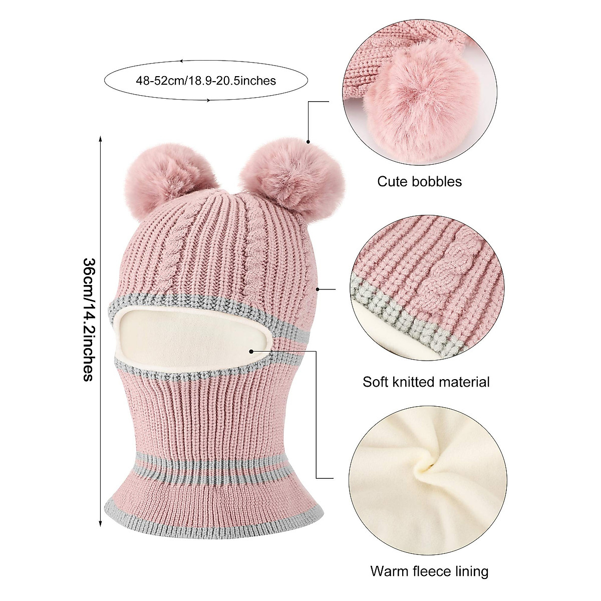 SATINIOR Kid Girls Winter Hat Gloves Set Pink Fleece Lined Warm Ski Mask Earflap Hood Skull Caps Cable Knit Gloves for Cold Weather