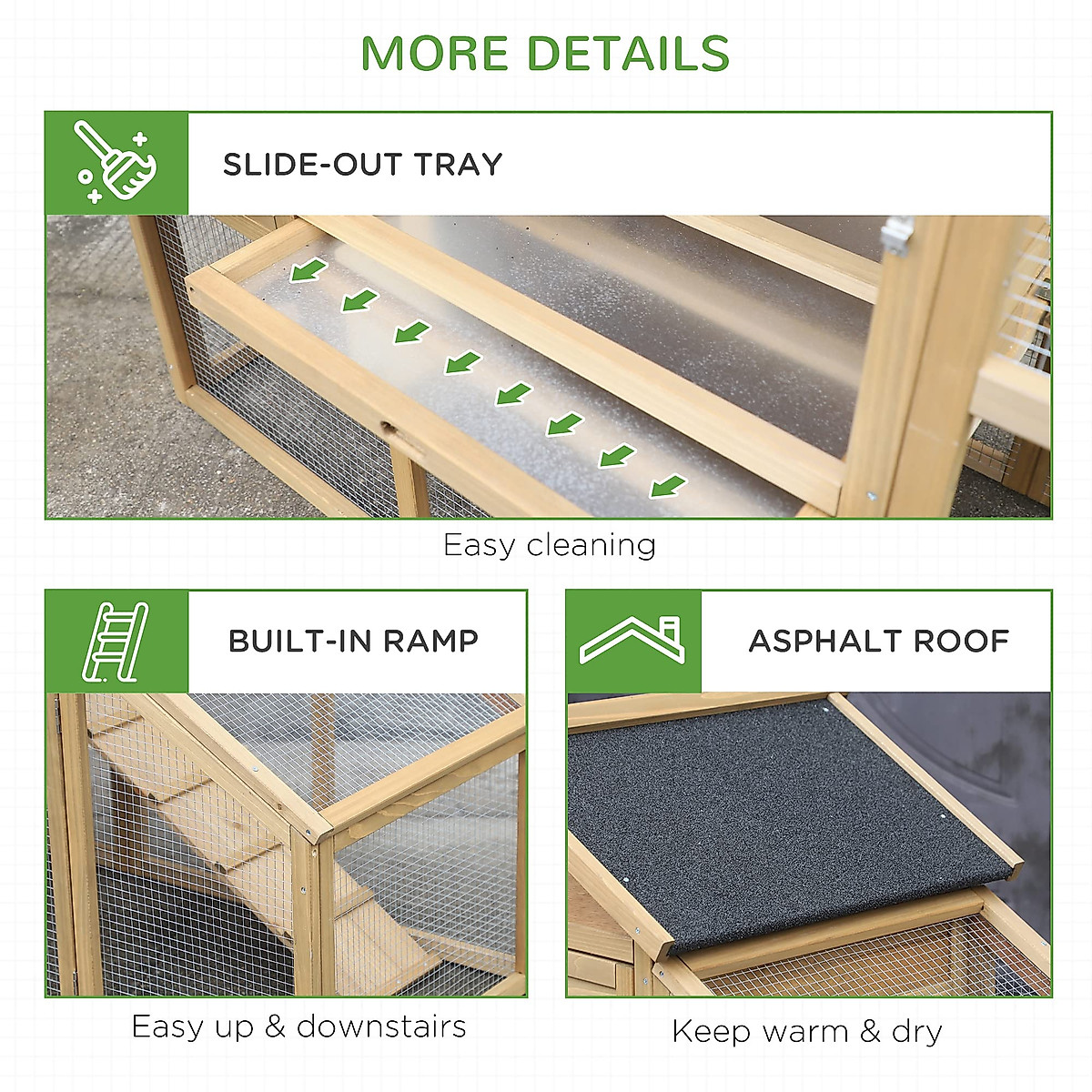 PawHut 69" Wooden Chicken Coop, Poultry Cage Hen House with Connecting Ramp, Removable Tray, Ventilated Window and Nesting Box, Natural