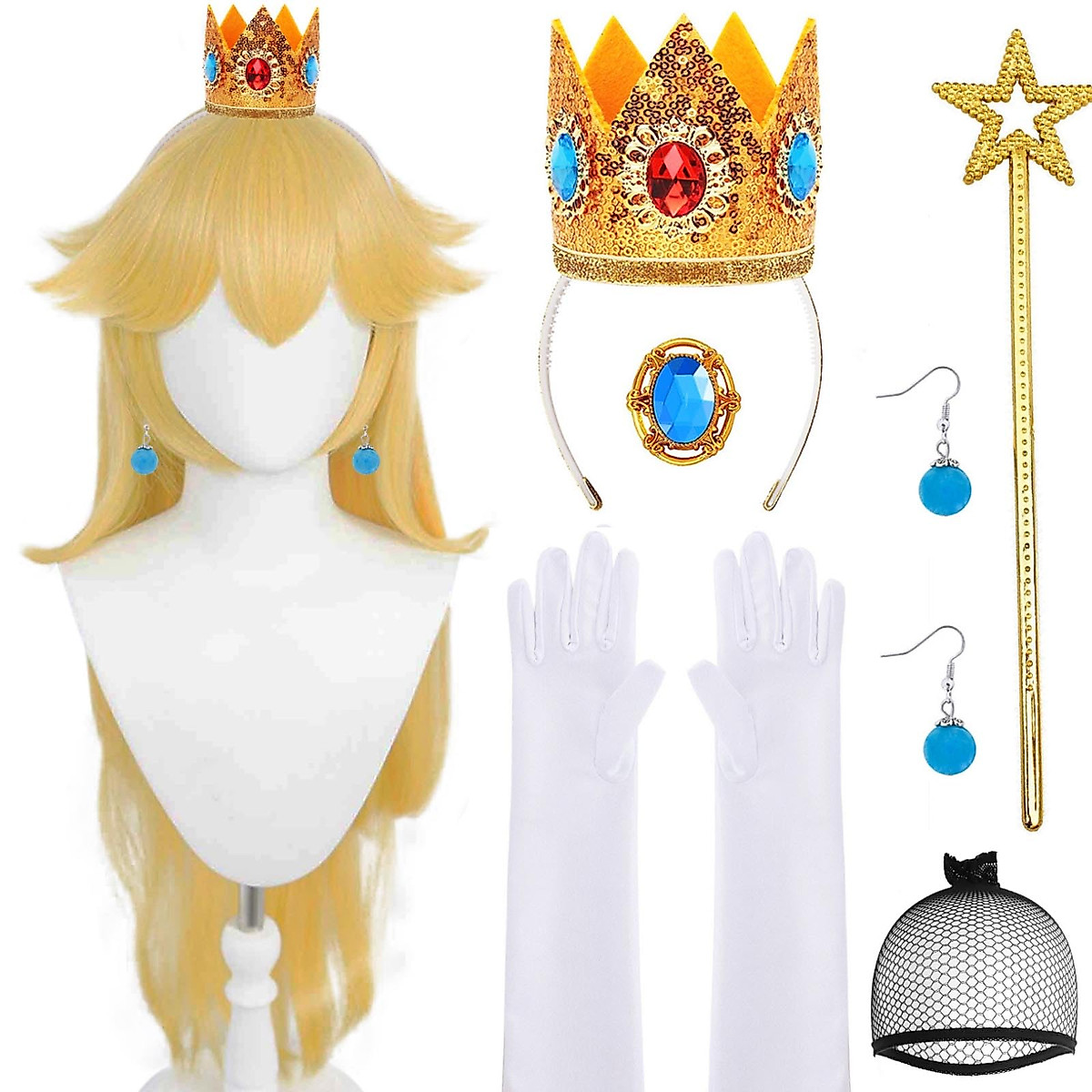 Anogol Hair Cap+ (8 Pcs Set) Princess Wig For Women Golden Long Wavy Wig Peach Cosplay Wig Anime Synthetic Wig For Halloween Party Costume Wig (1 Crown+ 1 Wand+ 2 Earrings+ 2 Gloves+ 1 Brooch)