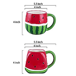AwakingWaves Hand Painted Ceramic Tea Cups with Funny Watermelon-shaped Designs for Sister/Women/Mom, Novelty Green Travel Mug for Milk, Kawaii Gift Suitable for Dishwasher and Microwave (18 oz)