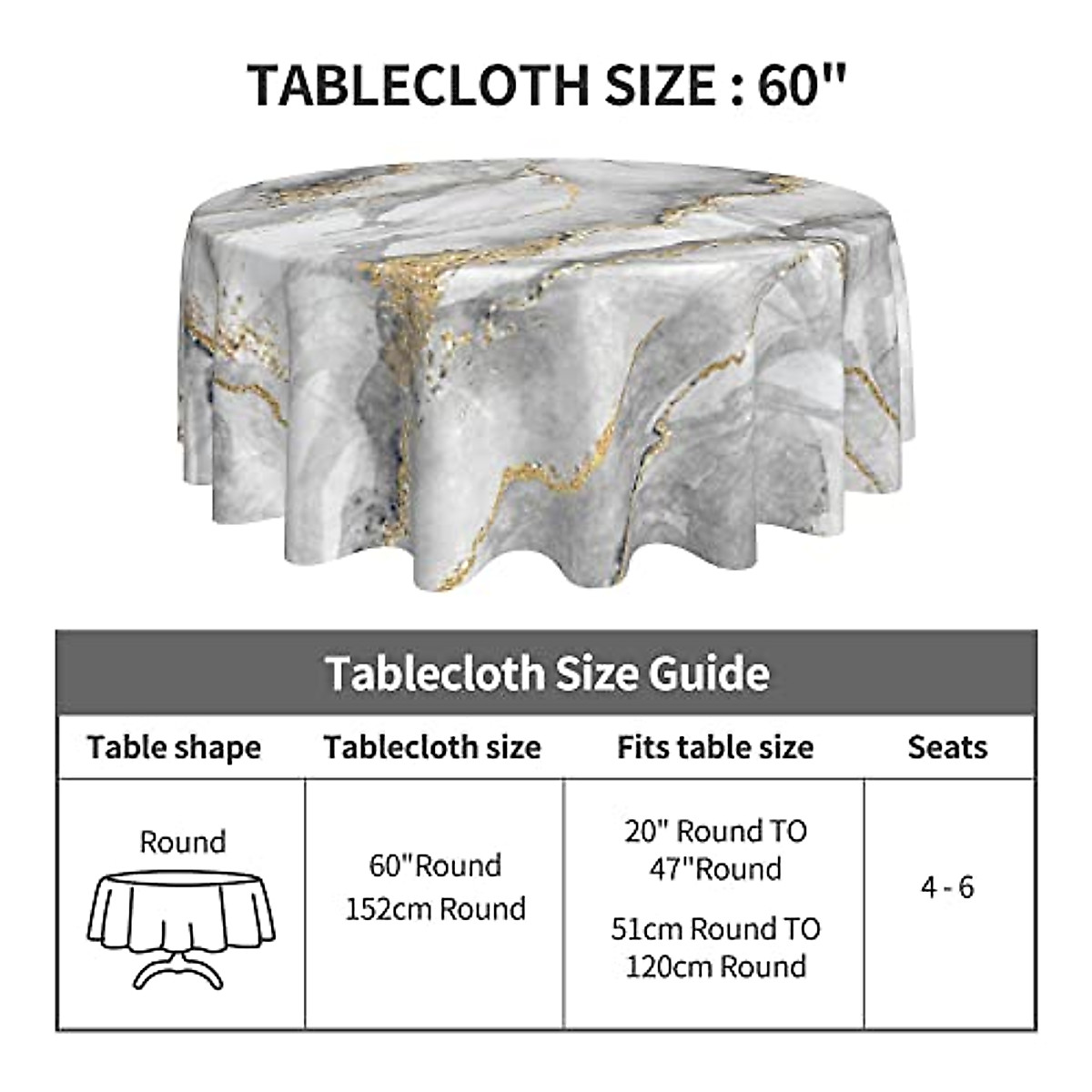 Gold Marble Round Tablecloth 60 Inch - Waterproof & Wrinkle Resistant Washable Fabric Spring Table Cloth for Dining Room Party Outdoor Picnic, White and Grey