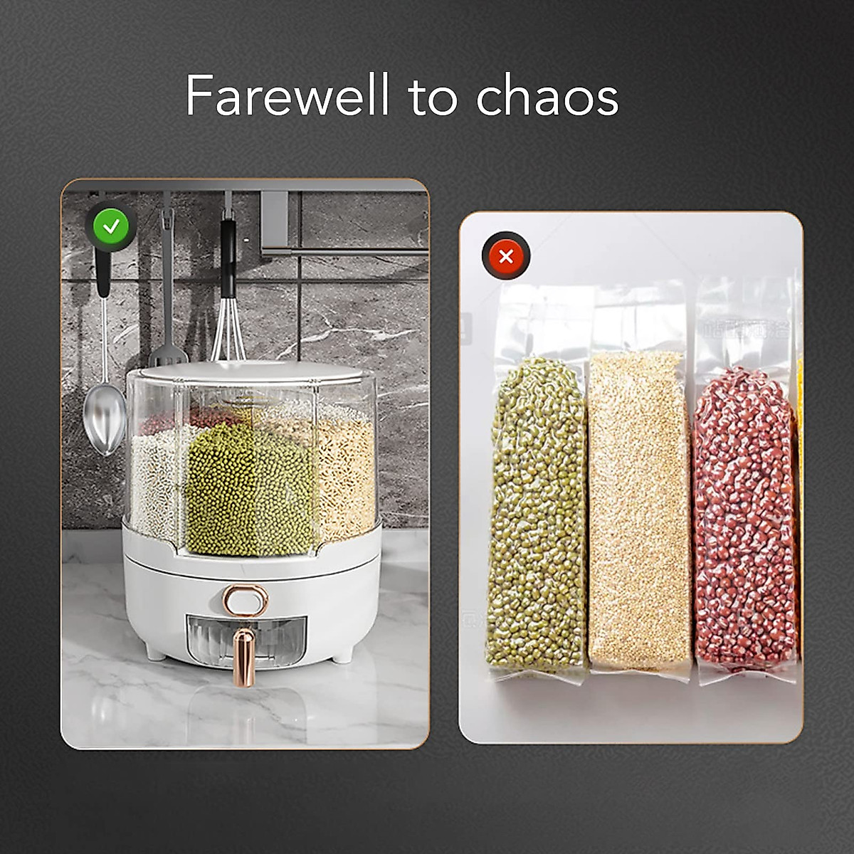 Rice Grain Storage Container, 360 Rotating Grain Storage, Clear Food Dispenser with Drainage Cup, Large Capacity Dry Food Storage Bin, Cereal Dispenser with Measuring Cylinder for Kitchen(Small Size)