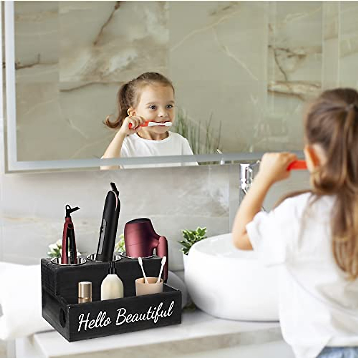 DB Rustic Black Hair Dryer Holder, Wooden Hair Tool Organizer, Bathroom Supplies Countertop Storage and Vanity Caddy for Blow Dryer Curling Iron Holder Hair Straightener Brush Hair Styling Accessories