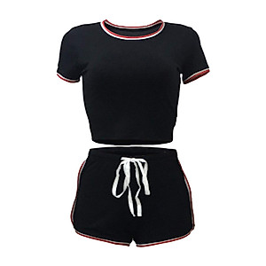 Olinase Womens Summer Sports Short Sleeve Outfit Tracksuit Shirt & Shorts Sportswear Set Activewear Black