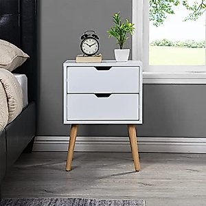SWEETGO End Side Table Nightstand with Storage Drawer -Fashion Modern Assemble Storage Cabinet Bedroom Bedside -Solid Wood Legs Living Room Bedroom Furniture-Double Drawer Nightstand (1, White)