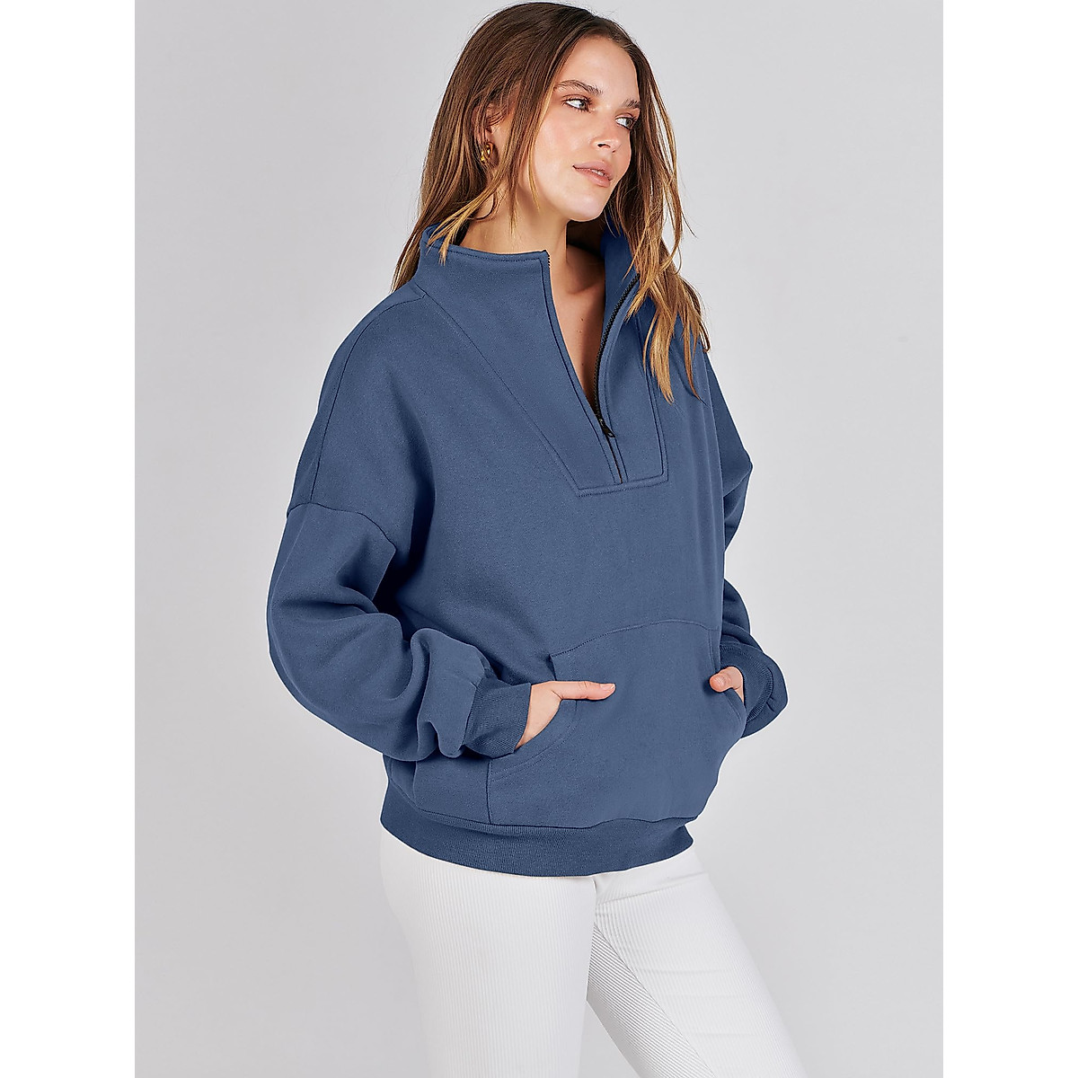 ANRABESS Womens Half Zip Sweatshirts Oversized Crop Pullover 2024 Winter Y2K Fleece Hoodie Sweater Teen Girls Fall Clothes Navy Blue Medium