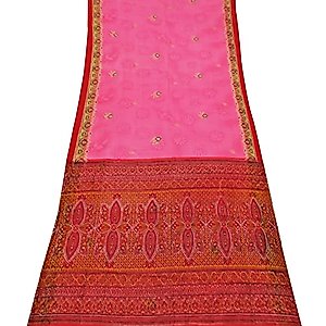 Peegli Vintage Pink Saree Floral Printed Dress Wrap Fabric Silk Blend DIY Craft Sari