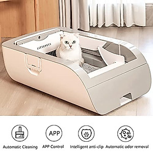 Smart Automatic Cat Litter Box Self Cleaning APP Control Cat Litter Box with Built in Odor Eliminator Works with Clumping Cat Litter (White-Grey)