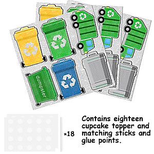 18pcs Green Glitter Dessert Cupcake Topper Garbage Truck Trash Cans Truck Waste Management Recycling Theme Decorations Boy Girl Happy Birthday Party Decor Supplies