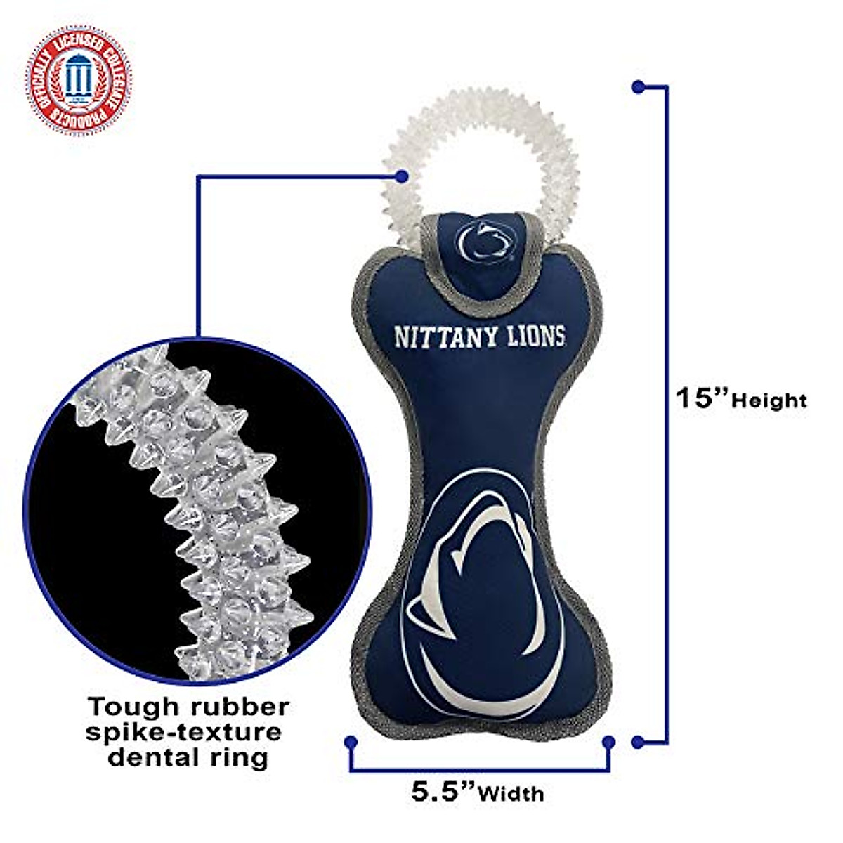 Pets First NCAA Penn State Nittany Lions College Dental Tough Dog TUG Bone Toy with Built-in Squeaker Attached to a Safe Rubber Teething Toothbrush PET Toy, Team Color, 14 x 5 (PA-3310)