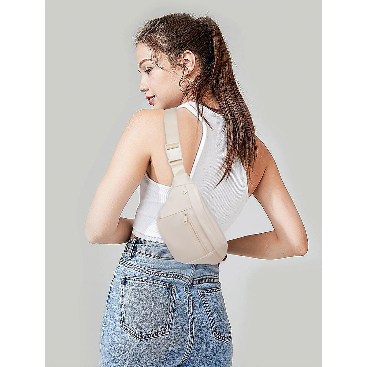 Telena Crossbody Fanny Pack for Women Men Fashion Waist Pack Belt Bag with 4-Zipper Pockets for Hiking Running Travel, Beige