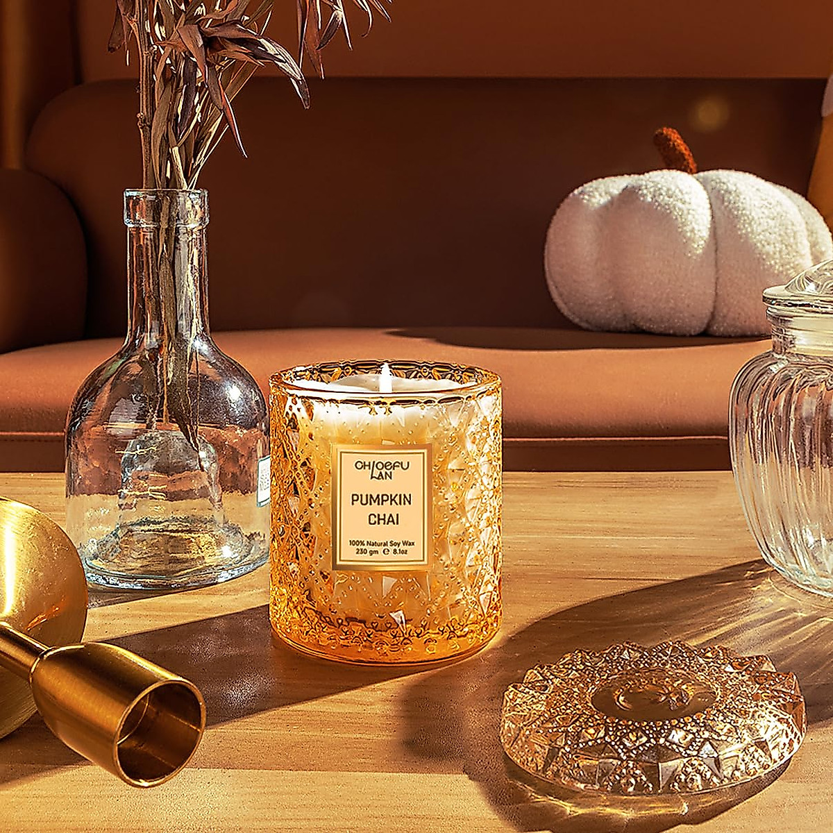 Chloefu LAN Pumpkin Chai Scented Candles Halloween Candles Gift, Farmhouse Candles for Home Scented, Luxury Scented Soy Jar Fall Candles with up to 55 Hour Long Lasting, Home Decor, 8.1oz