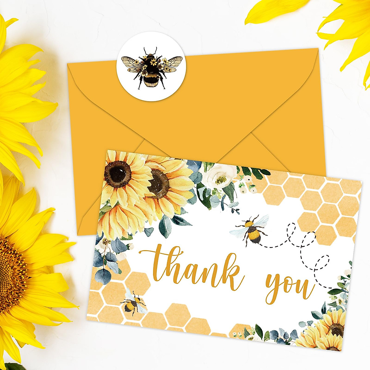 Whaline 24Pcs Sunflower Bee Thank You Cards Bulk Watercolor Summer Flower Greeting Cards with Envelope Stickers Blank Note Cards for Wedding Baby Shower Bridal Birthday Party, 4 x 6 Inch