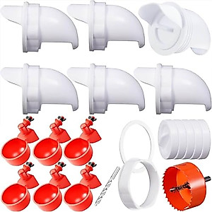 No Waste Chicken Feeder and Waterer,with Rat Stopper Caps,6 Ports 6 Chicken Water Cups and Hole Saw,DIY Poultry Feeder Port Gravity Automatic Fed Kit for Buckets,Barrels,Bins,Troughs