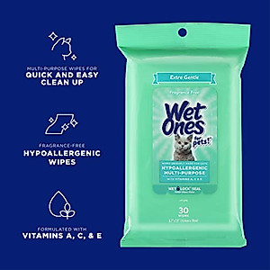 Wet Ones for Pets Hypoallergenic Multi-Purpose Wipes for Cats | Extra Gentle Fragrance-Free Cat Grooming Wipes with Vitamins A, C, & E, Wipes with Wet Lock Seal | 30 Count Pouch Cat Wipes